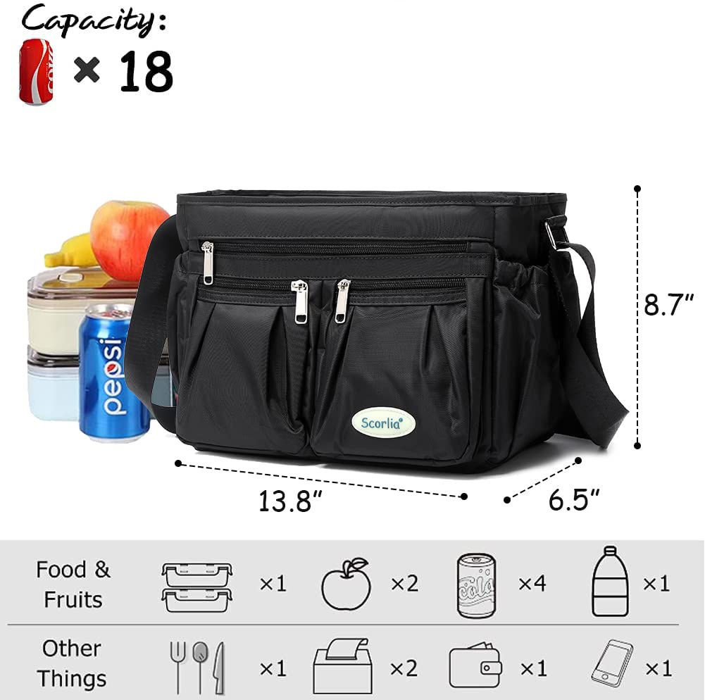 Scorlia Insulated Lunch Bag for Women/Men, Large Leakproof Cooler Box, Reusable Lunch Organizer with Side Pockets, Durable One Shoulder Crossbody Lunch Bag for Work, Picnic, Beach, Black