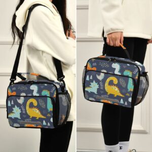 Naanle Cute Funny Dinosaur Lunch Bag with Adjustable Shoulder Strap Insulated Leakproof Tote Bag Picnic Box Double Zippers Wide Open Lunch Container Bag for Office Work School Home