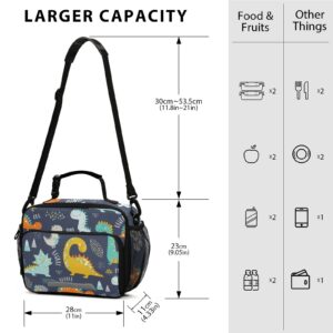 Naanle Cute Funny Dinosaur Lunch Bag with Adjustable Shoulder Strap Insulated Leakproof Tote Bag Picnic Box Double Zippers Wide Open Lunch Container Bag for Office Work School Home