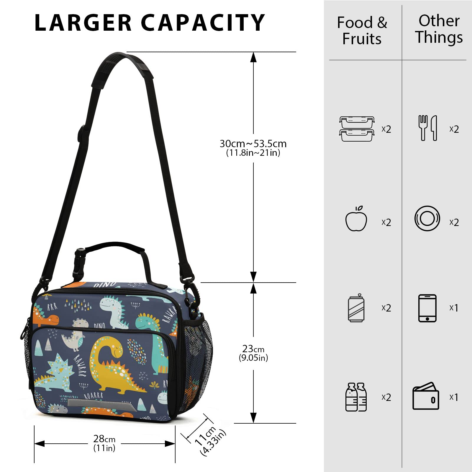 Naanle Cute Funny Dinosaur Lunch Bag with Adjustable Shoulder Strap Insulated Leakproof Tote Bag Picnic Box Double Zippers Wide Open Lunch Container Bag for Office Work School Home