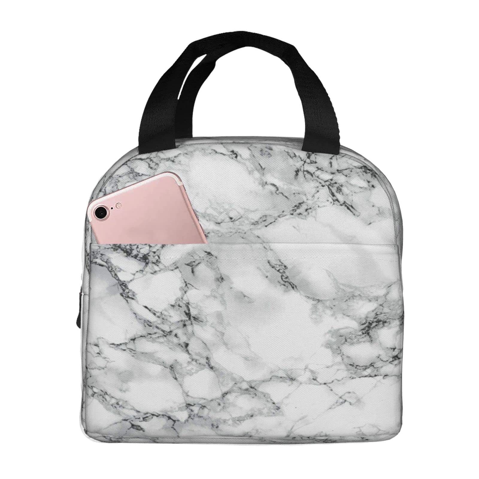 Fiokroo Lunch Bag Insulated Marble Texture Black And White Lunch Box Reusable Lunch Tote Bag For School Work College Outdoor Travel Picnic, 6l