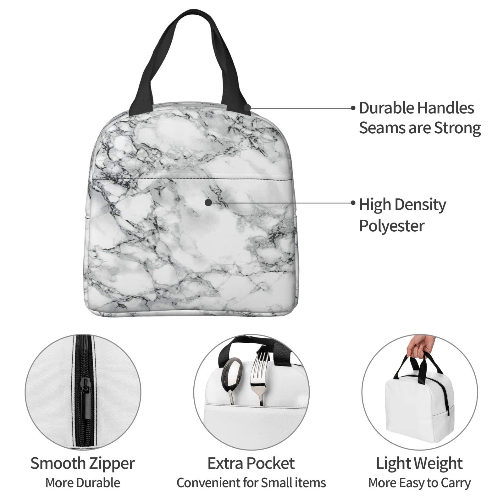 Fiokroo Lunch Bag Insulated Marble Texture Black And White Lunch Box Reusable Lunch Tote Bag For School Work College Outdoor Travel Picnic, 6l