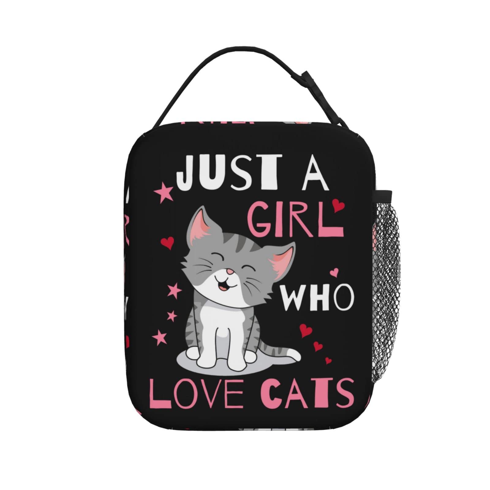 Kaeddi Cute Cat Lunch Bag Large Capacity Heat Insulated Lunch Box Leakproof Durable Portable Reusable Handbags Thermal Cooler Tote Bag, Just A Girl Who Loves Cats (One Size, Black)