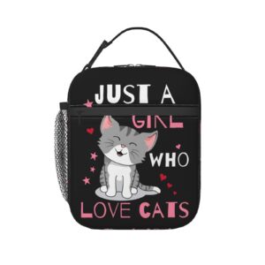 Kaeddi Cute Cat Lunch Bag Large Capacity Heat Insulated Lunch Box Leakproof Durable Portable Reusable Handbags Thermal Cooler Tote Bag, Just A Girl Who Loves Cats (One Size, Black)