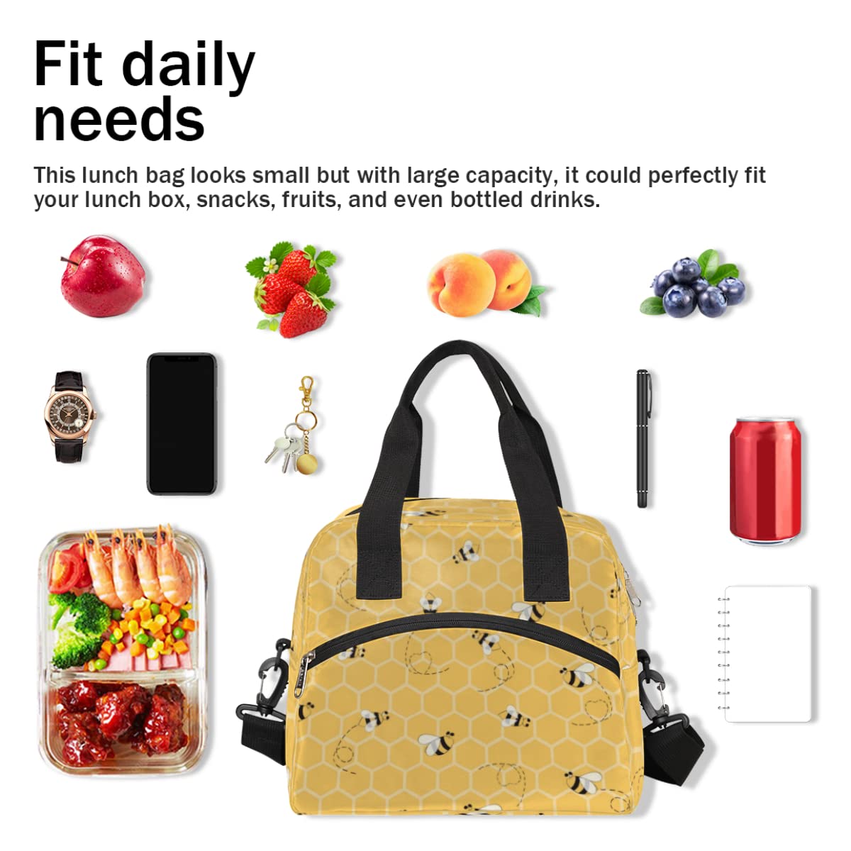 Insulated Lunch Bag for Women Men Honeycomb Cute Yellow Bee Lunch Box Reusable Lunch Cooler Bag Large Lunch Tote Bag for Work Picnic Travel School