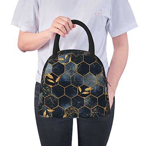 Koiidisa Insulated Lunch Bag for Women Men Reusable Lunch Box for Office Work Picnic Leakproof Freezable Cooler Bag for Adult lunchbox, Black And Blue Honeycomb Marble