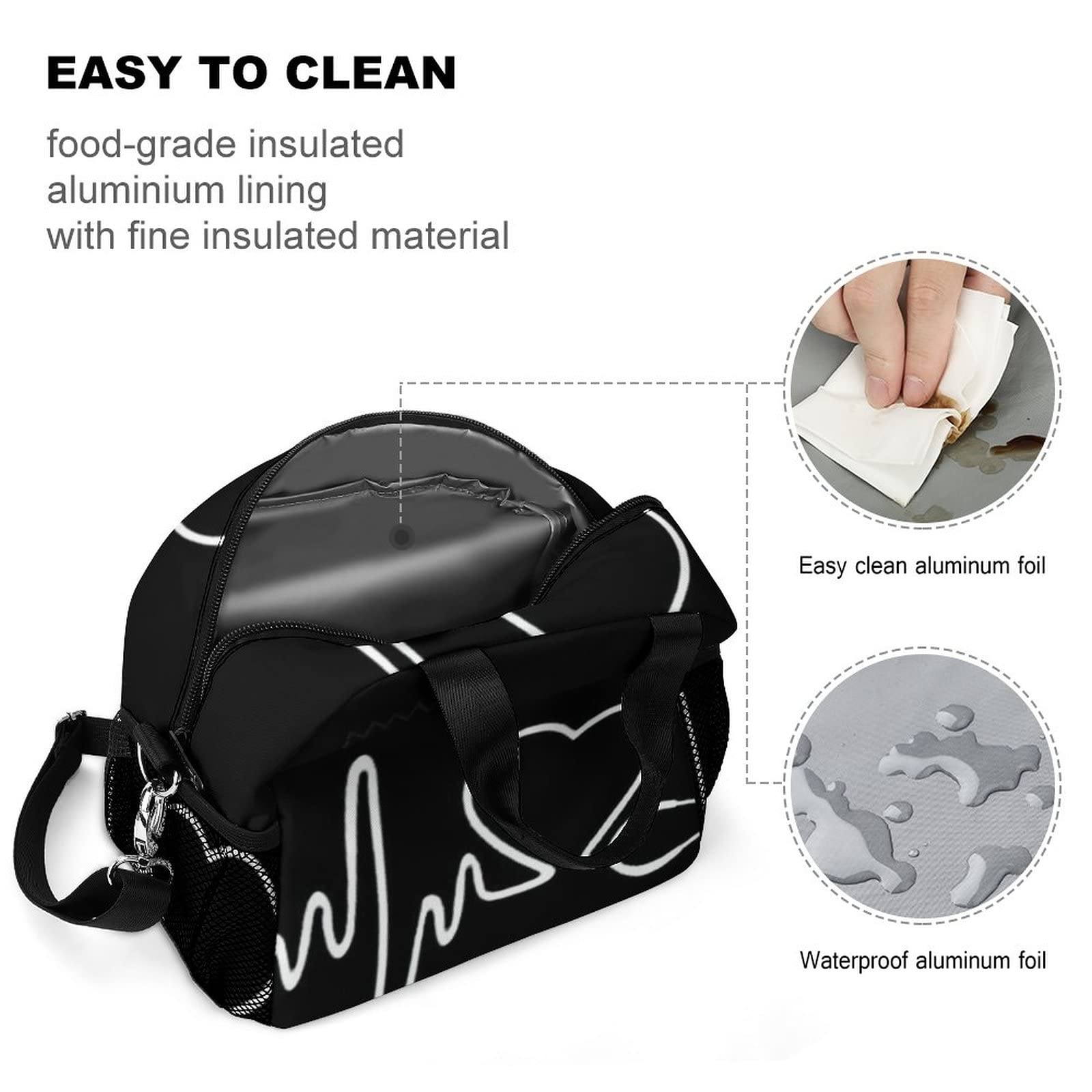 AMRANDOM Adults Reusable Compatible with Nurse Heartbeat Designed Black Lunch Bag with Shoulder Adjustable Strap Thermal Cooler Lunch Tote Lunch Box Handbag for Work Outdoor Travel Picnic