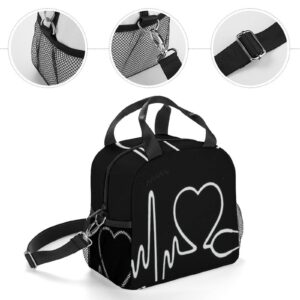 AMRANDOM Adults Reusable Compatible with Nurse Heartbeat Designed Black Lunch Bag with Shoulder Adjustable Strap Thermal Cooler Lunch Tote Lunch Box Handbag for Work Outdoor Travel Picnic