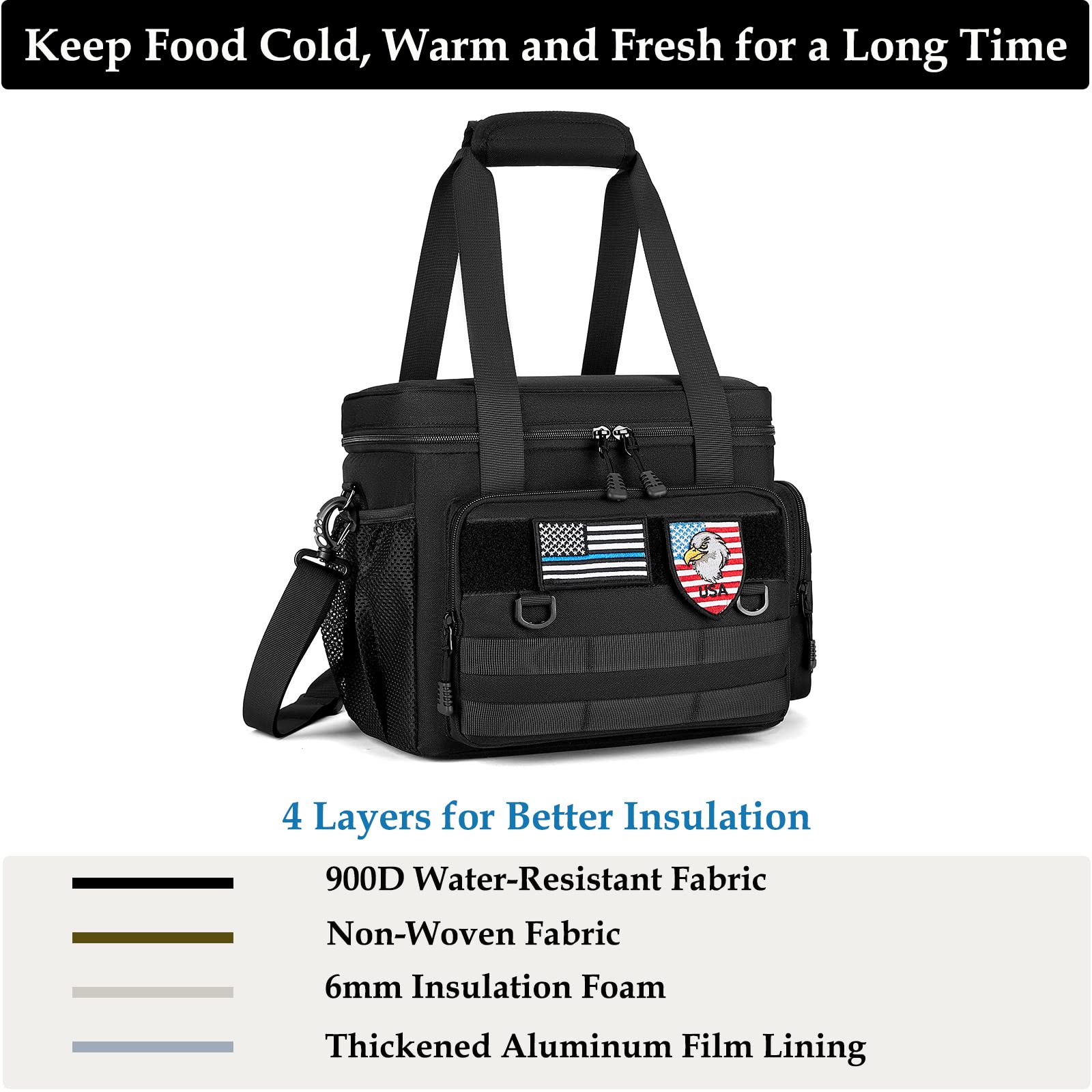 Hxy Ang Tactical Lunch Box for Men, Large Leakproof Insulated Lunch Bag, Heavy Duty Durable Lunch Cooler Bag with MOLLE Lunch Pail for Work Camping Fishing Picnic (Black, 14L)