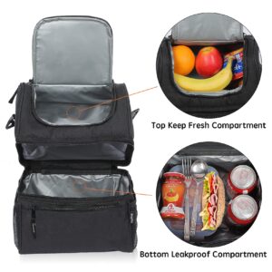 BesyPro Insulated Dual Compartment Lunch Bag for Women Men,Leakproof Cooler Food Bag with Shoulder Strap for Unisex Adult,Thermal Bento Lunch Bag for Work,Picnic,Beach Black