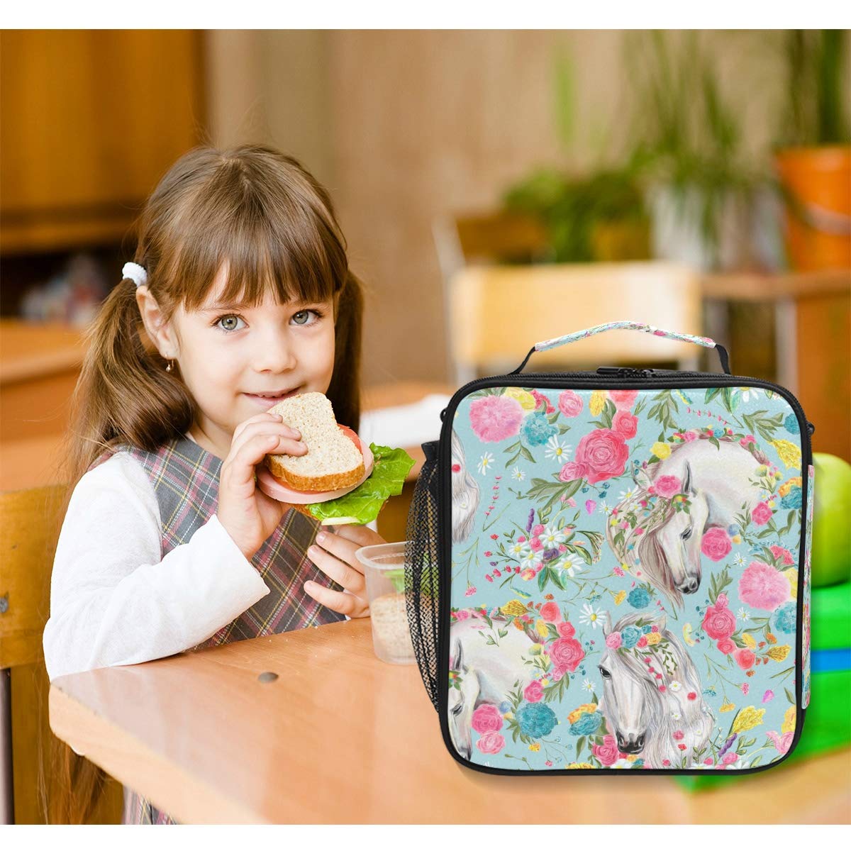 Lunch Box for Girls Horse And Flower Lunch Bag Insulated Lunch Boxes Cooler Lunch Tote with Shoulder Strap for School Picnic