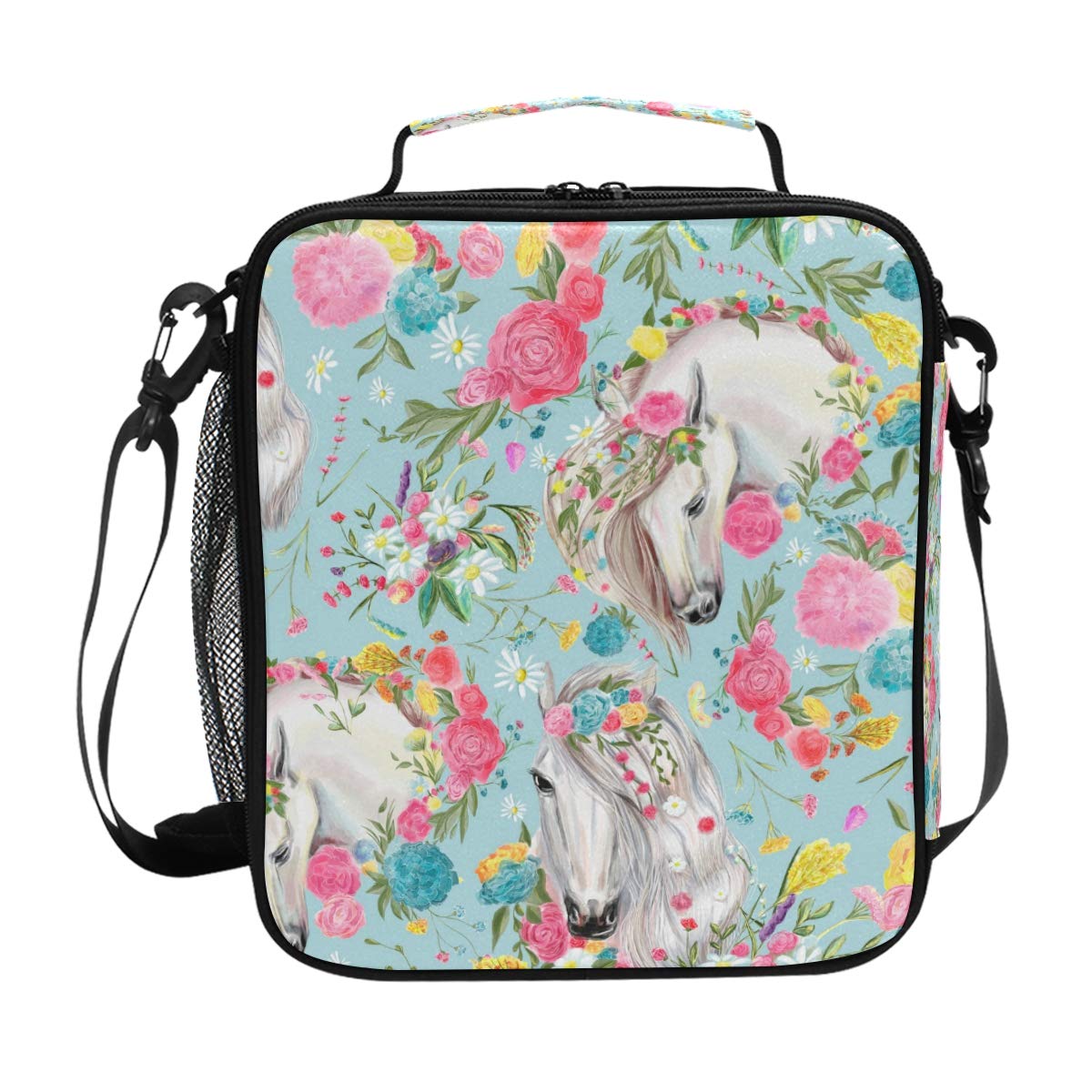 Lunch Box for Girls Horse And Flower Lunch Bag Insulated Lunch Boxes Cooler Lunch Tote with Shoulder Strap for School Picnic