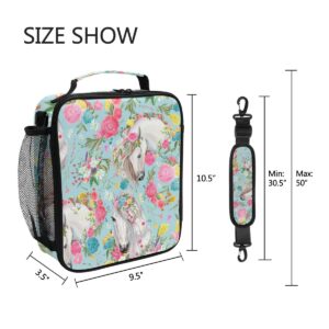 Lunch Box for Girls Horse And Flower Lunch Bag Insulated Lunch Boxes Cooler Lunch Tote with Shoulder Strap for School Picnic