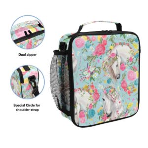 Lunch Box for Girls Horse And Flower Lunch Bag Insulated Lunch Boxes Cooler Lunch Tote with Shoulder Strap for School Picnic