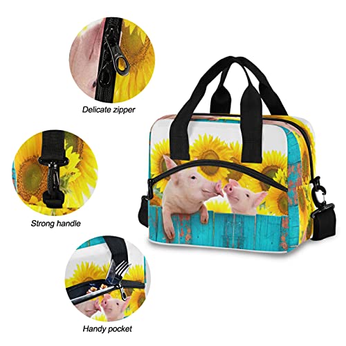 Funny Pig Sunflower Lunch Bag Reusable Lunch Tote Bag Thermal Cooler Bag Insulated Lunch Box with Adjustable Shoulder Strap for Office School Outdoor Picnic