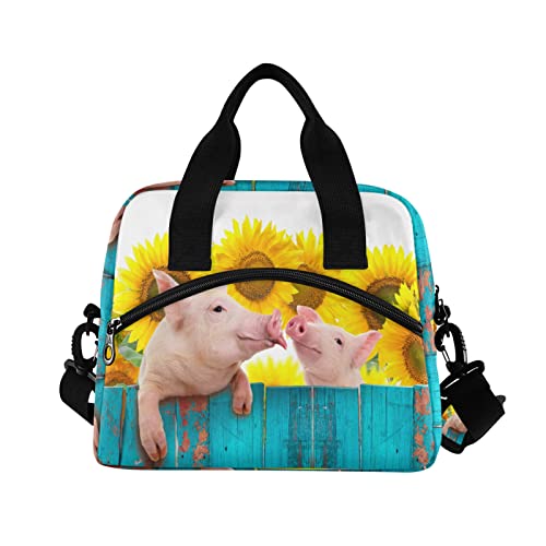 Funny Pig Sunflower Lunch Bag Reusable Lunch Tote Bag Thermal Cooler Bag Insulated Lunch Box with Adjustable Shoulder Strap for Office School Outdoor Picnic