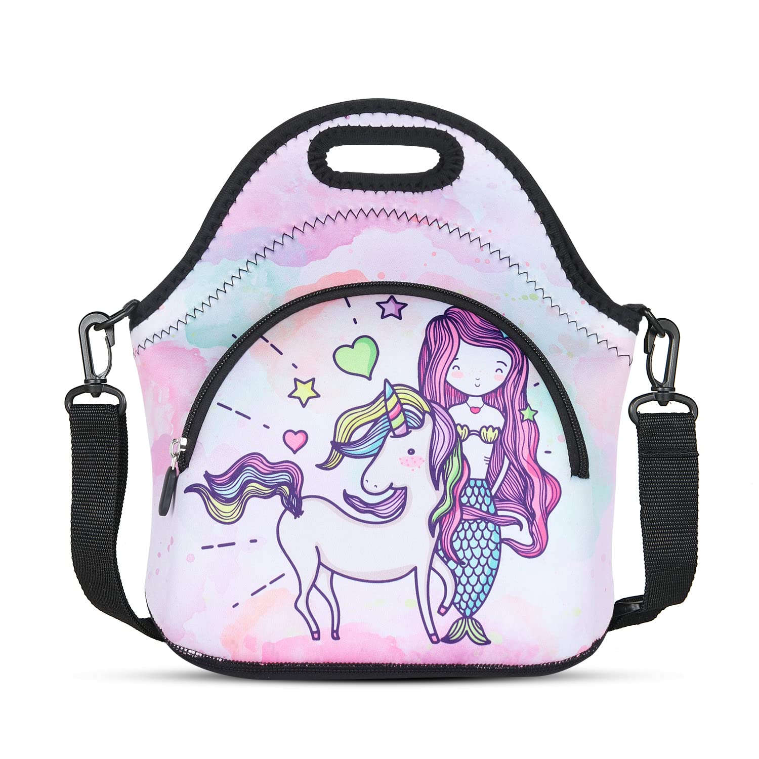 Violet Mist Neoprene Lunch Bags with Shoulder Strap, Pink Mermaid, Unisex, Meal Holder, Neoprene, 11.42"L x 10.43"H x 5.51"W