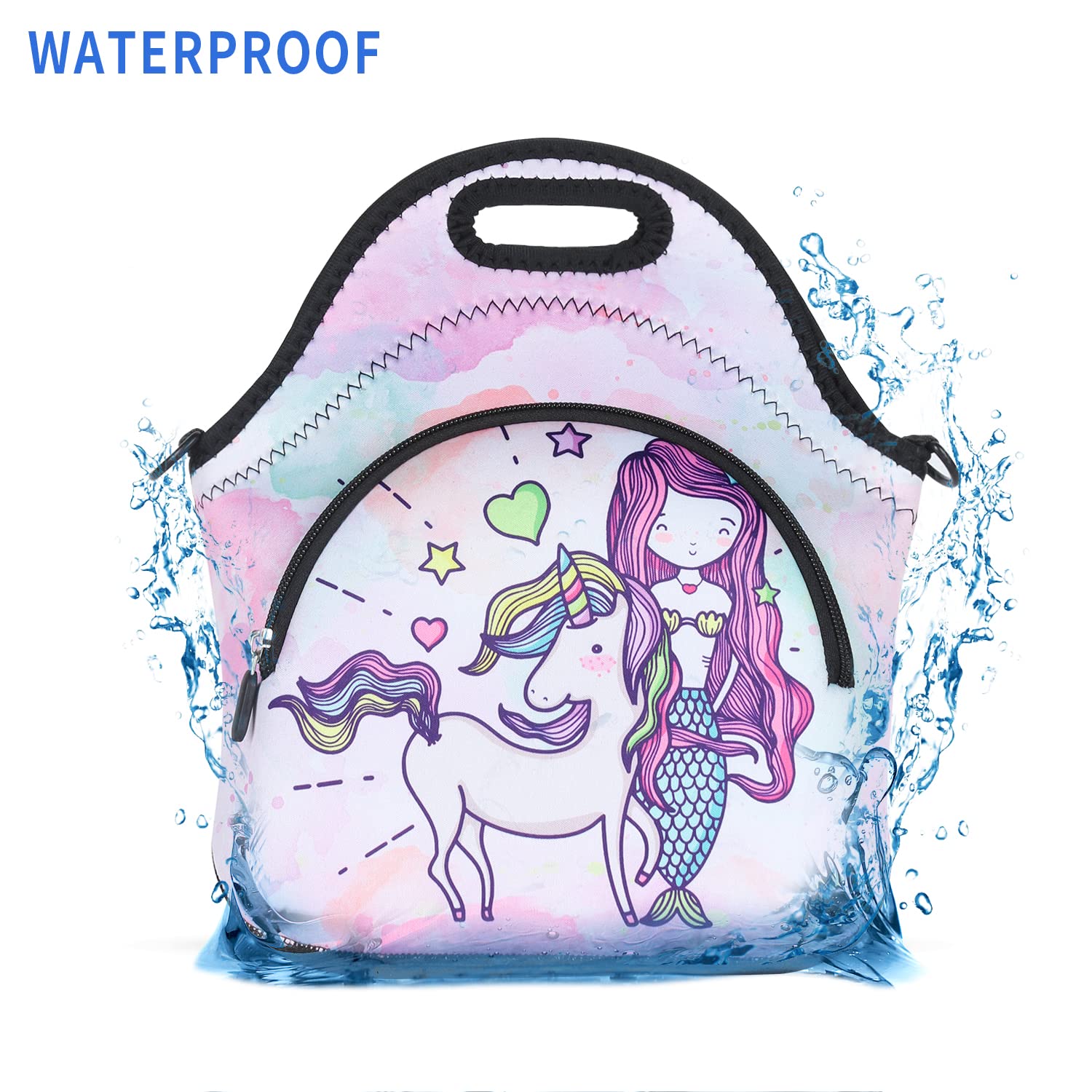 Violet Mist Neoprene Lunch Bags with Shoulder Strap, Pink Mermaid, Unisex, Meal Holder, Neoprene, 11.42"L x 10.43"H x 5.51"W