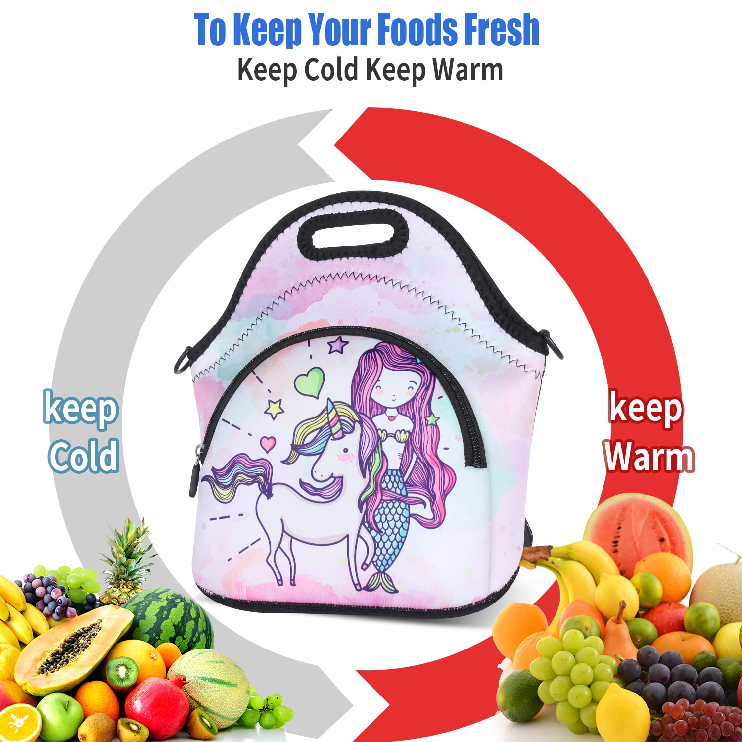 Violet Mist Neoprene Lunch Bags with Shoulder Strap, Pink Mermaid, Unisex, Meal Holder, Neoprene, 11.42"L x 10.43"H x 5.51"W