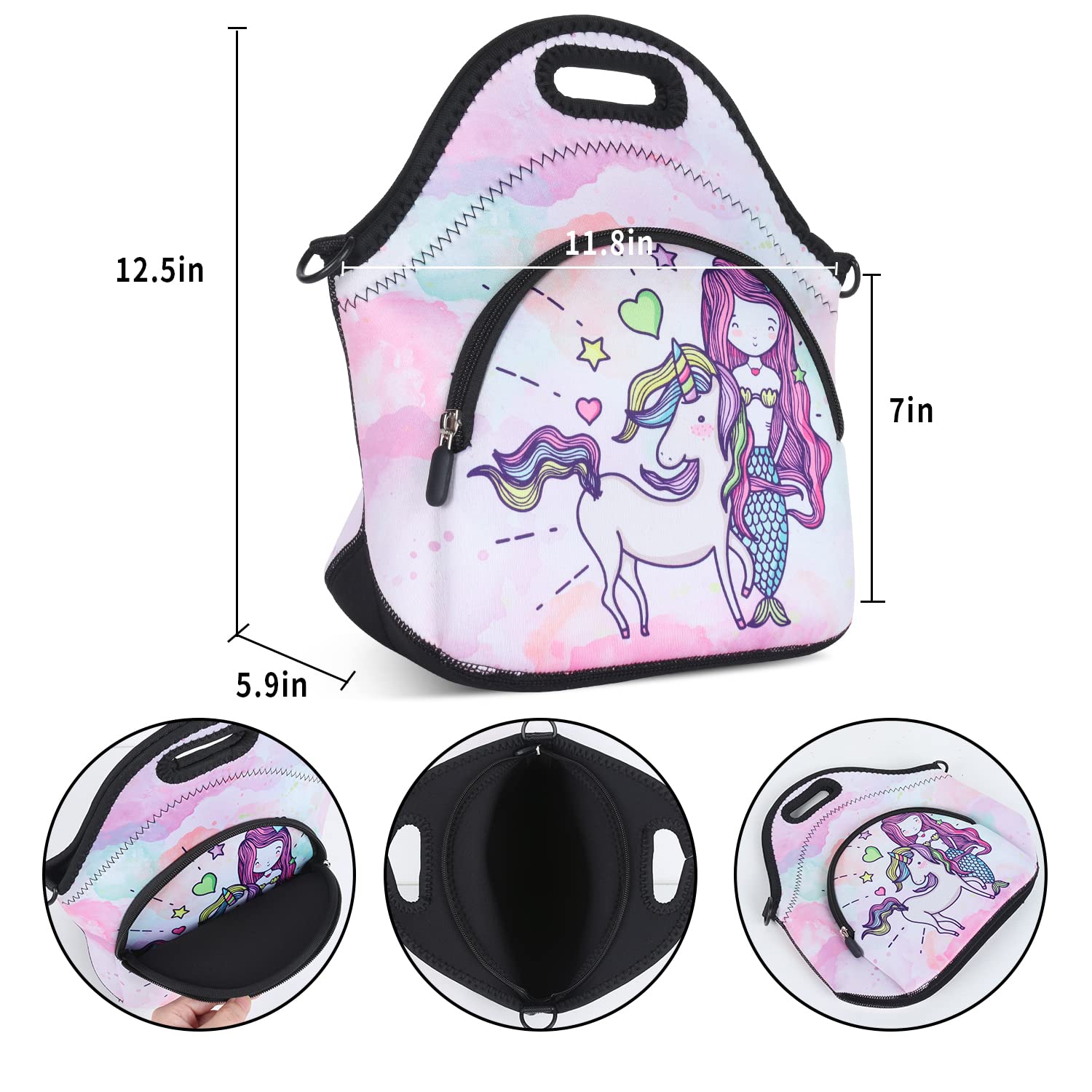 Violet Mist Neoprene Lunch Bags with Shoulder Strap, Pink Mermaid, Unisex, Meal Holder, Neoprene, 11.42"L x 10.43"H x 5.51"W