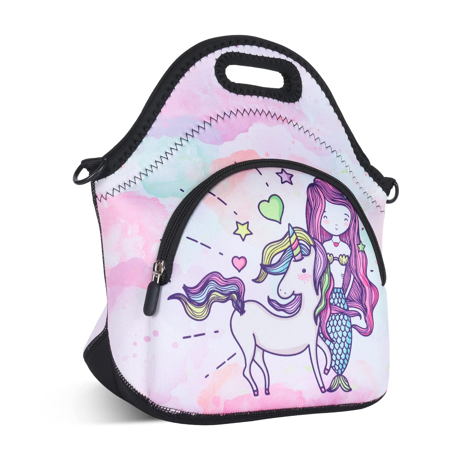 Violet Mist Neoprene Lunch Bags with Shoulder Strap, Pink Mermaid, Unisex, Meal Holder, Neoprene, 11.42"L x 10.43"H x 5.51"W