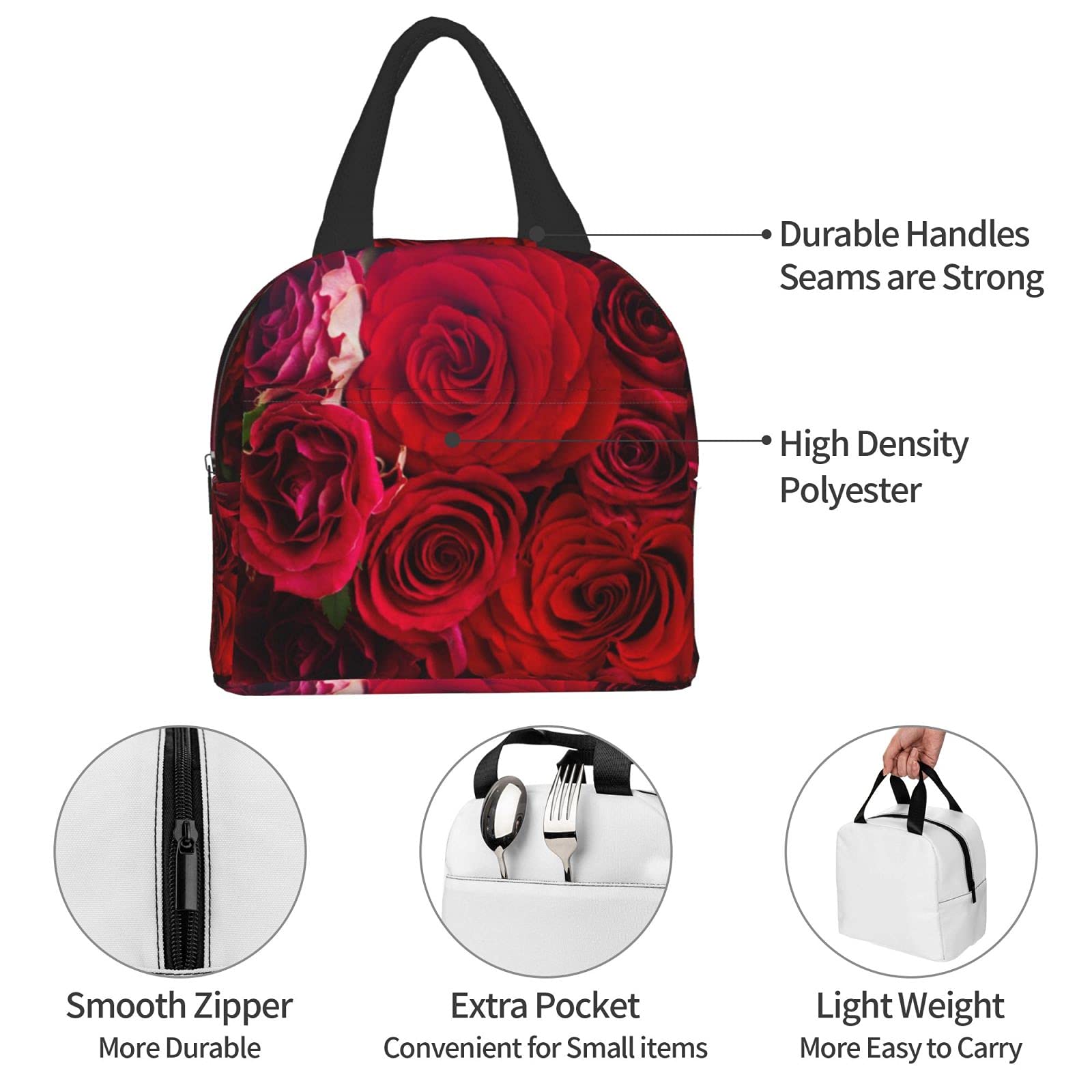 TTLIVEVIP Red Rose Insulated Lunch Bag for Women Cooler Tote Box Leakproof Reusable Girls Funny Lunchbag Office Work School Picnic Portable