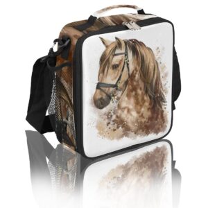 horse lunch bag for girls, watercolor animal horse lunch box reusable insulated leakproof lunch bag for kids thermal cooler lunch tote with removable shoulder strap for elementary daycare picnic