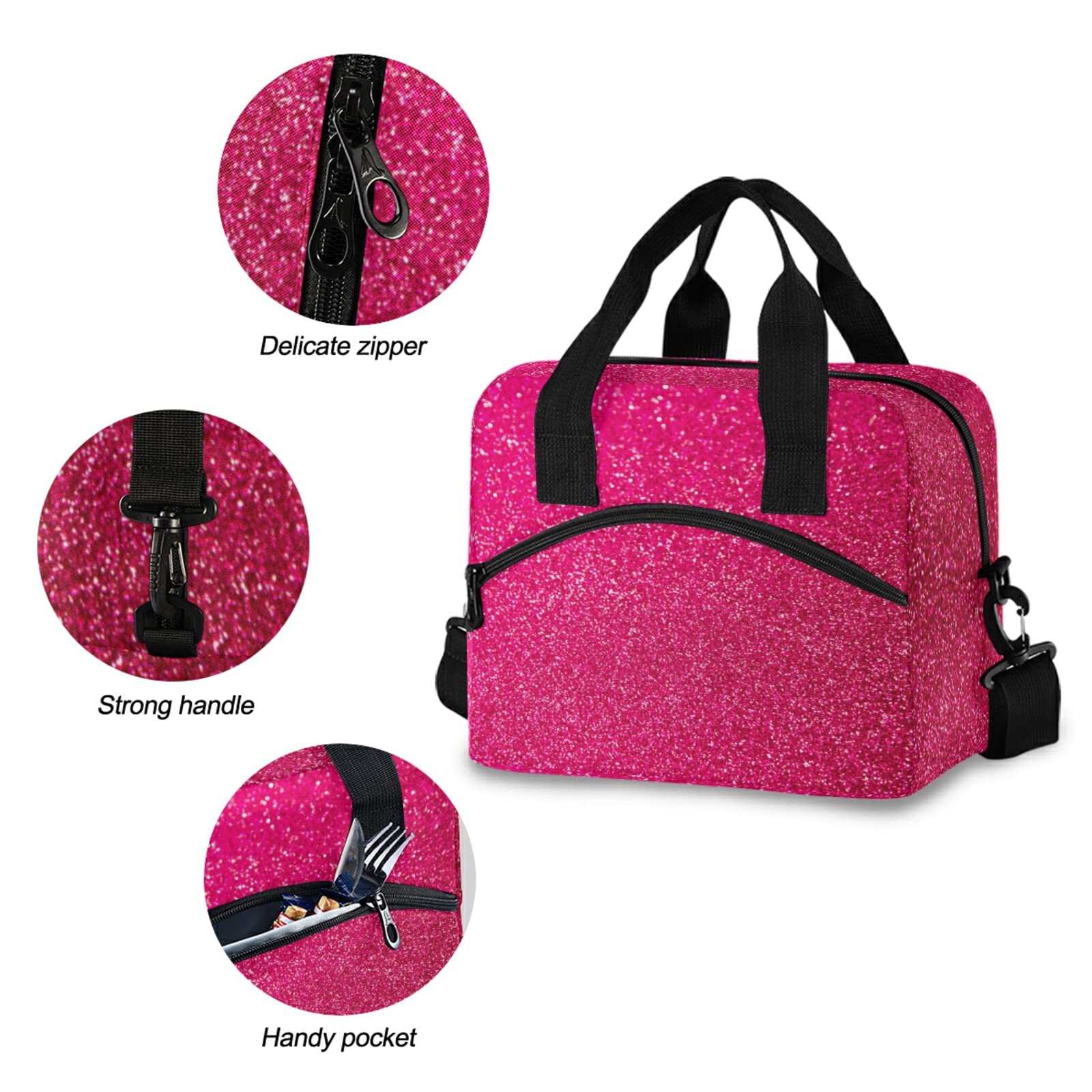 ALAZA Hot Pink Glitter Lunch Bags for Women Crossbody Lunch Bag lunch Box Lunch Cooler Bag(228be3e1)