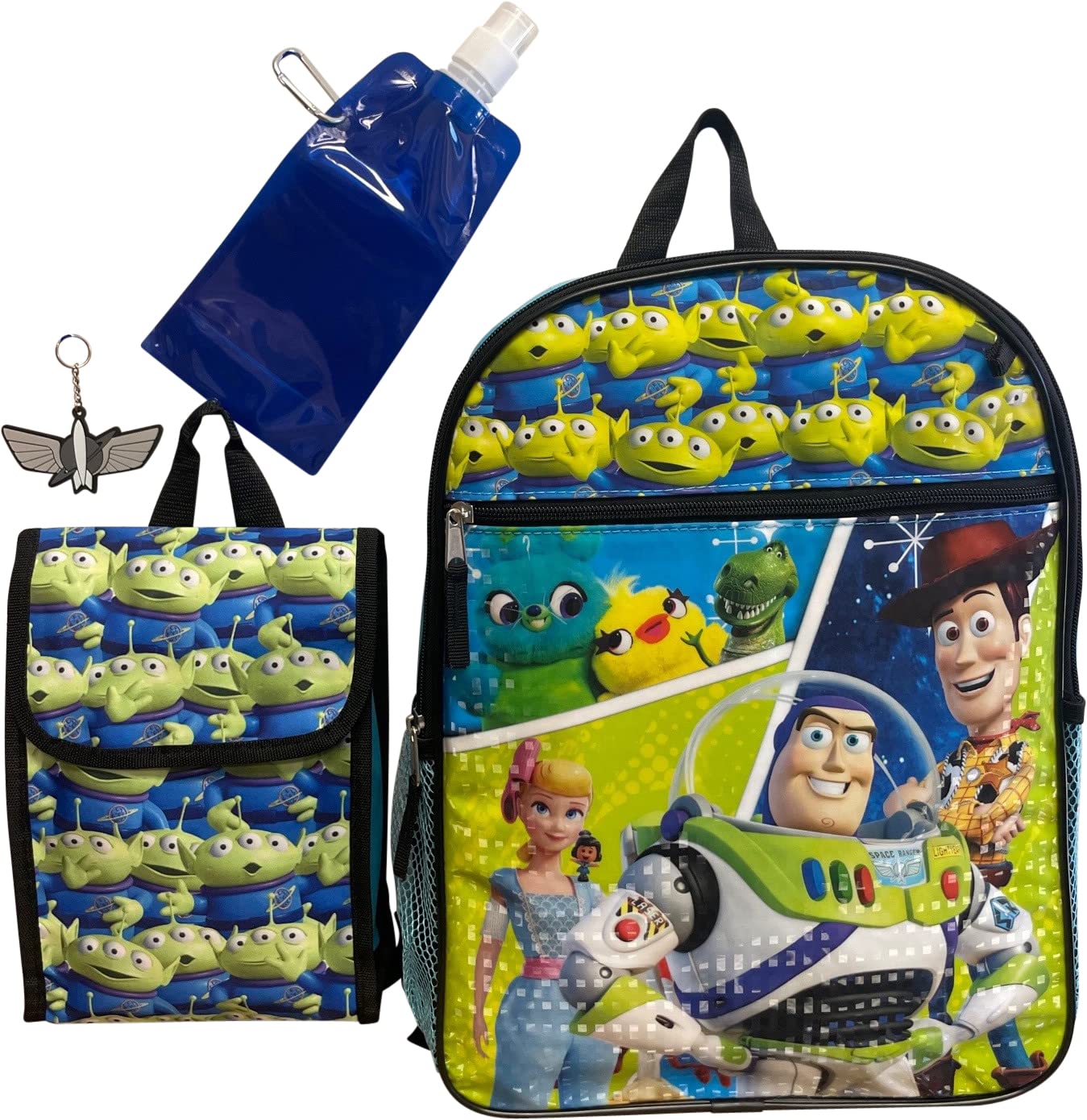 Toy Story Large Backpack 5 Pc Set W/ Lunch Box, Keychain, Collapsible Water Bottle, & carabiner Metal Clip (Black-Blue)