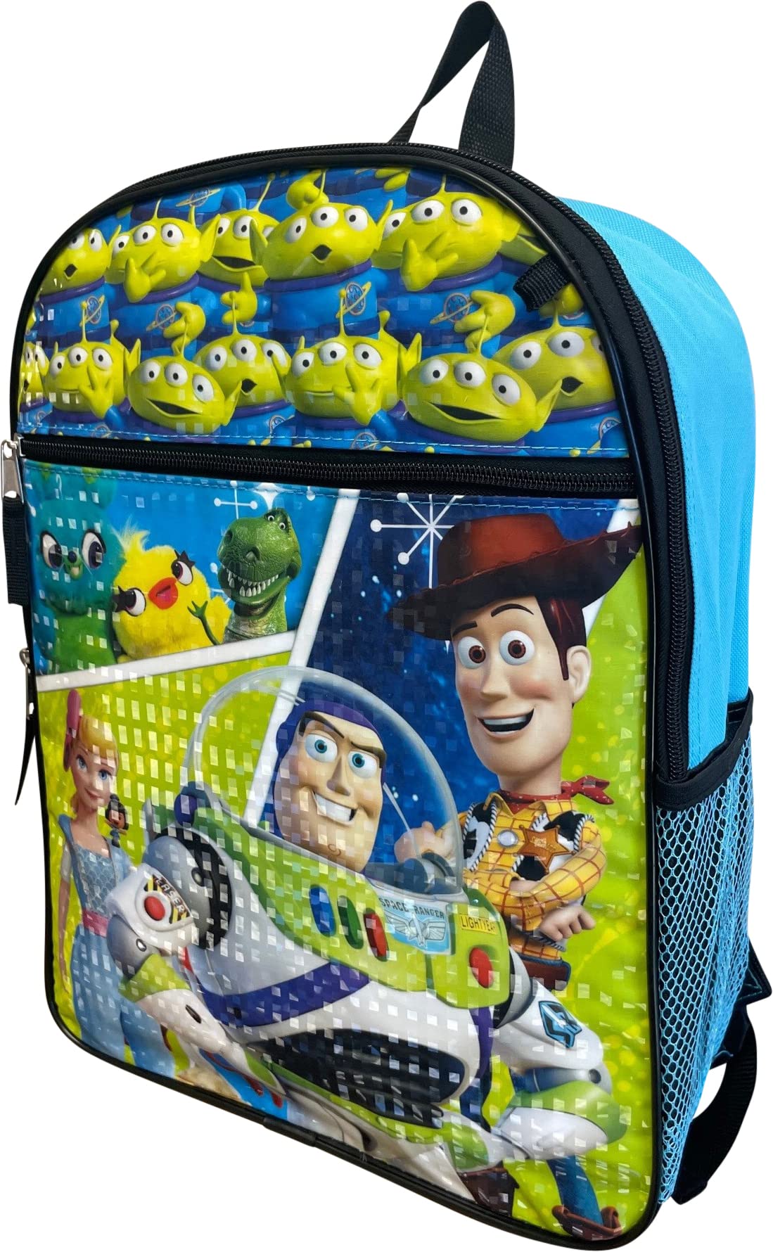 Toy Story Large Backpack 5 Pc Set W/ Lunch Box, Keychain, Collapsible Water Bottle, & carabiner Metal Clip (Black-Blue)