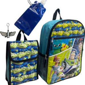 Toy Story Large Backpack 5 Pc Set W/ Lunch Box, Keychain, Collapsible Water Bottle, & carabiner Metal Clip (Black-Blue)