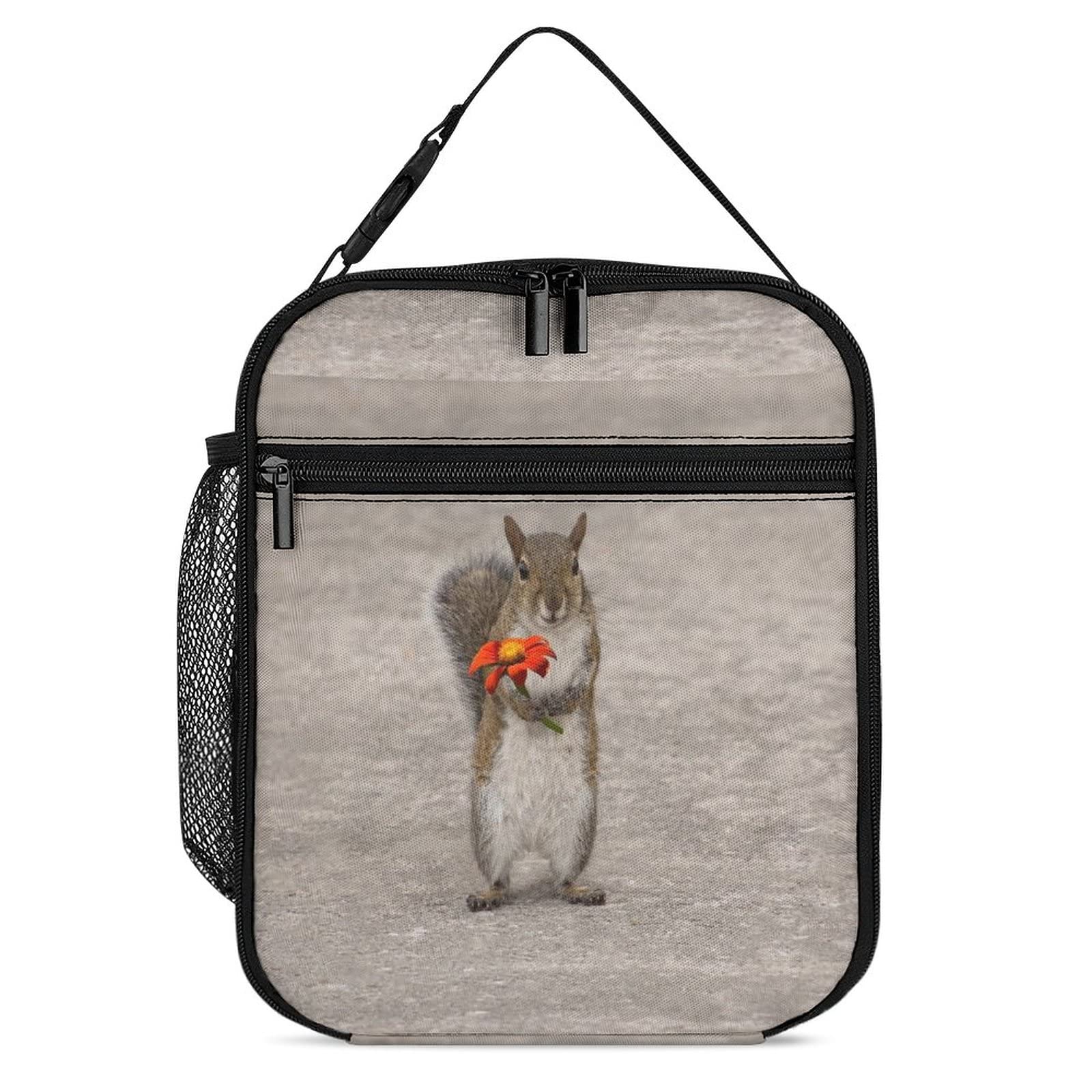 PEXISAOH Cute Squirrel Holding A Flower Animals Reusable Insulated Lunch Bag for Women Men Kids,Leakproof Portable Lunch Box with Side Pocket Durable Cooler Tote Bag for School Work Picnic Travel