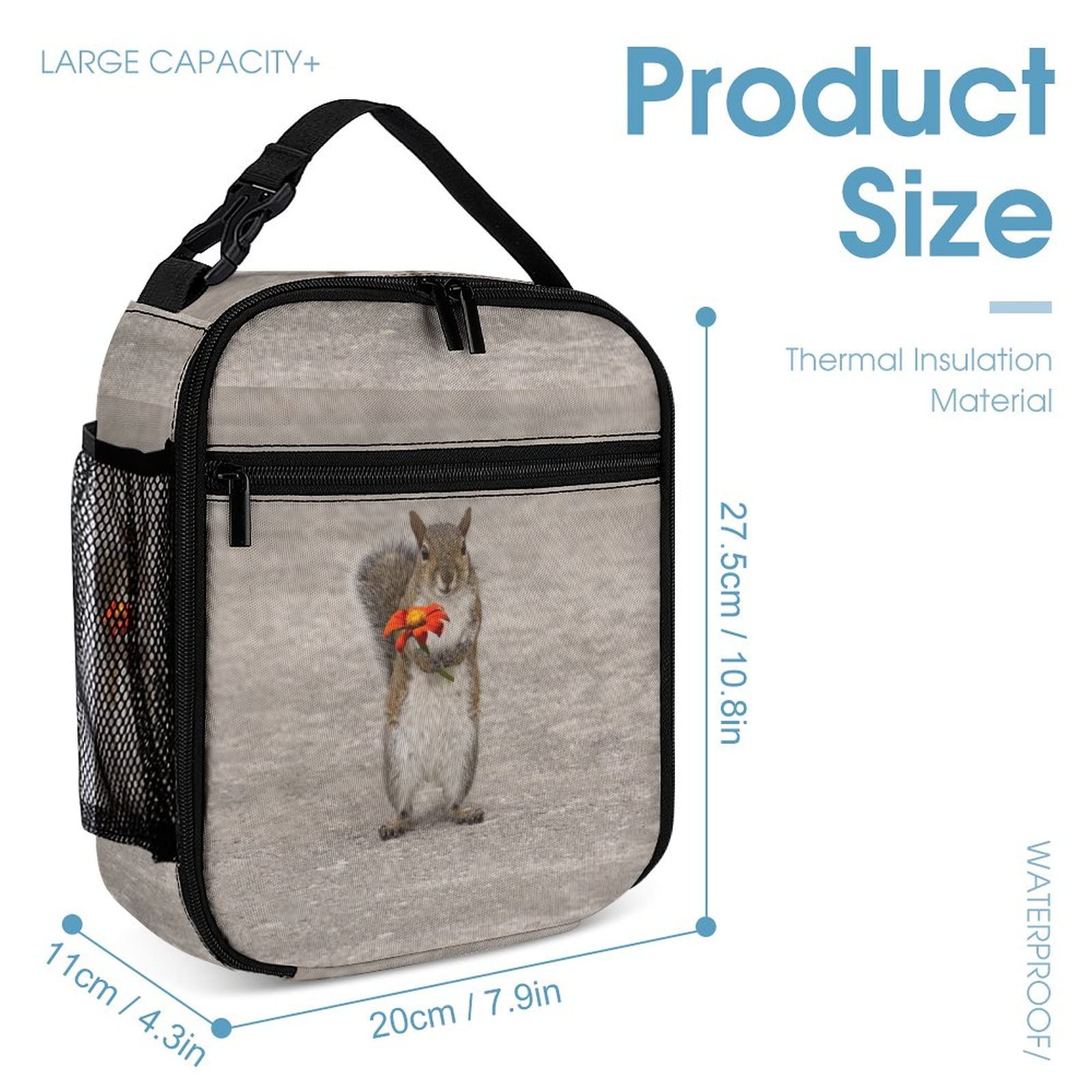 PEXISAOH Cute Squirrel Holding A Flower Animals Reusable Insulated Lunch Bag for Women Men Kids,Leakproof Portable Lunch Box with Side Pocket Durable Cooler Tote Bag for School Work Picnic Travel