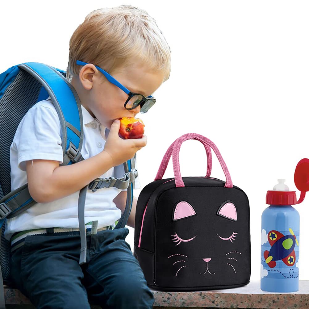 FEWOFJ Portable Insulated Lunch Bag for Kids Girls Cute Reusable Lunch Box for School Picnic Leakproof Lunch Tote Handbag(Black)