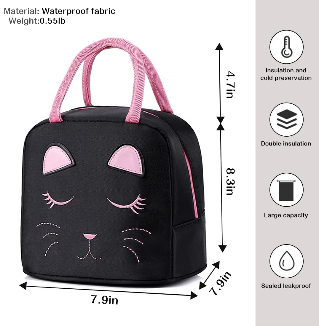 FEWOFJ Portable Insulated Lunch Bag for Kids Girls Cute Reusable Lunch Box for School Picnic Leakproof Lunch Tote Handbag(Black)