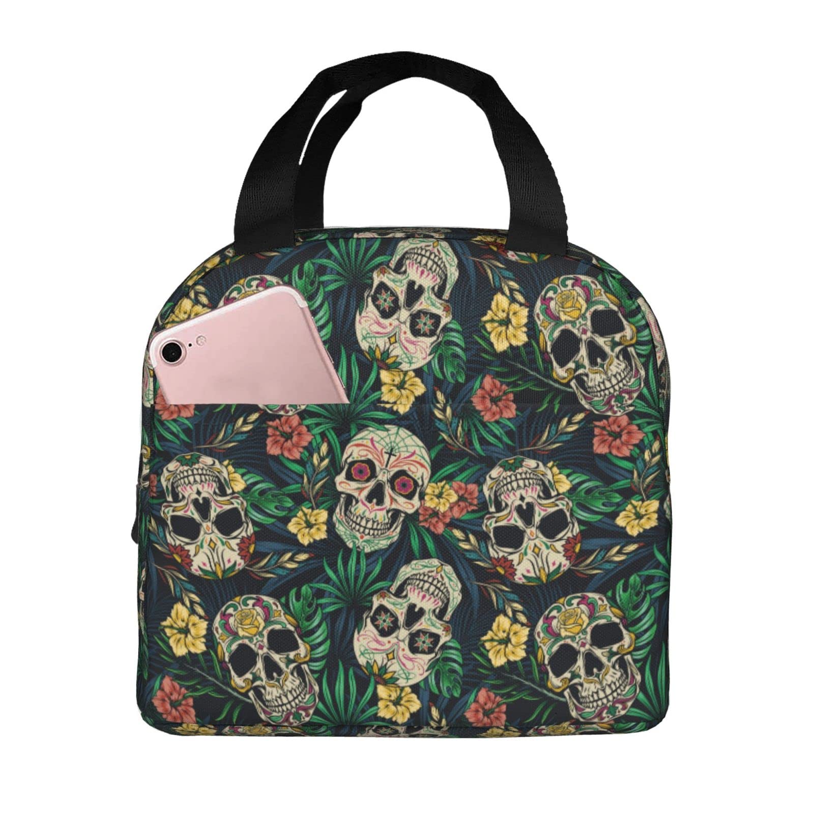 Srucddu Flower Sugar Skull Insulated Lunch Bag Women, Reusable Leakproof Lunch Box for Women, Lunchbox Cooler Bag Lunch Tote for Adults Women