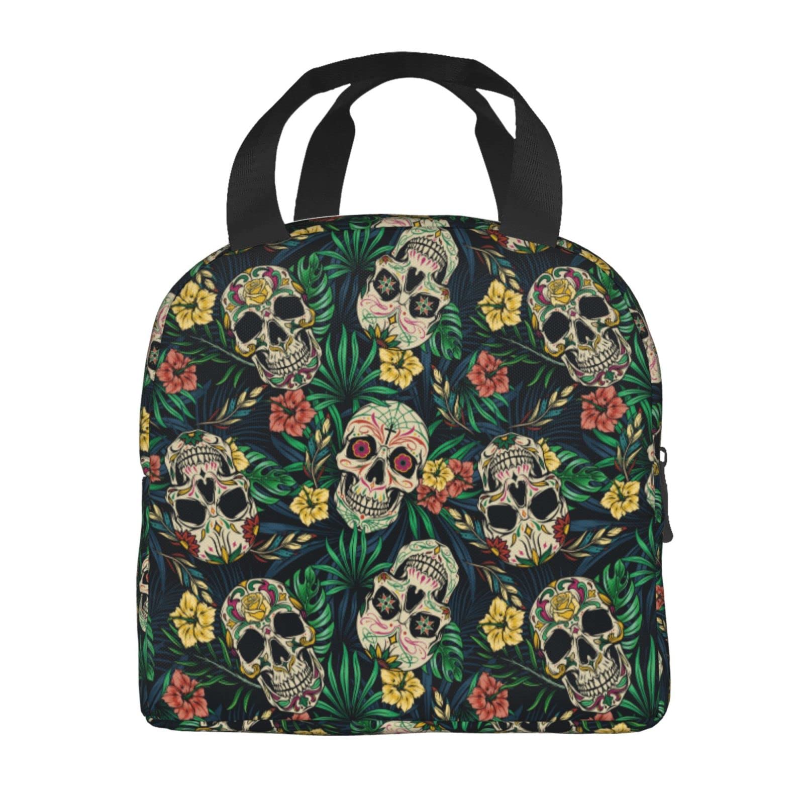 Srucddu Flower Sugar Skull Insulated Lunch Bag Women, Reusable Leakproof Lunch Box for Women, Lunchbox Cooler Bag Lunch Tote for Adults Women