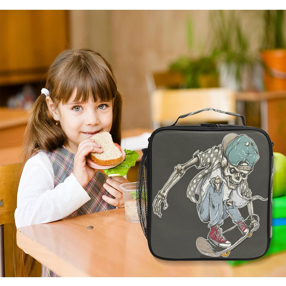 ElliTarr Insulated Lunch Bag for Men Kids Lunch Box for Women Leak Proof Small Cooler Bag Thermal Bag for 5 Hours with Adjustable Shoulder Strap Cute Skull Black