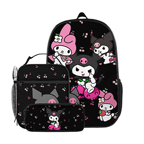 Dreuingb Cute Backpack 3 Pcs Set with Lunch Box and Pencil Case 17 Inch Large Capacity Backpacks Lightweight Laptop Bag