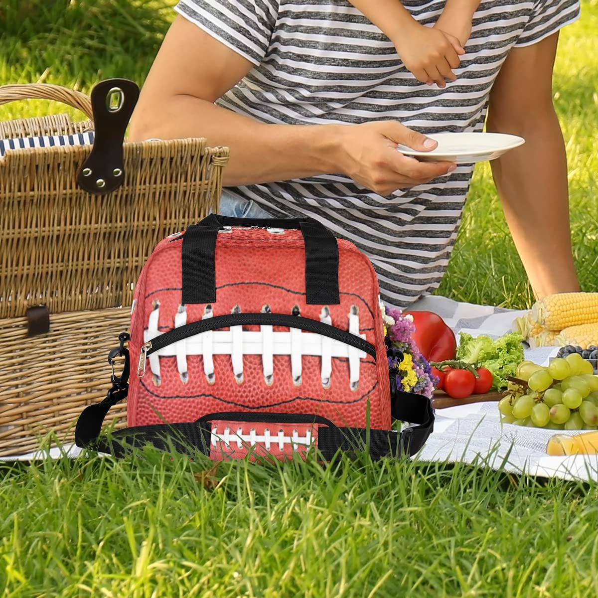 Insulated Lunch Bag for Women Men Red Sport American Football Lunch Box Reusable Lunch Cooler Bag Large Lunch Tote Bag for Work Picnic Travel School