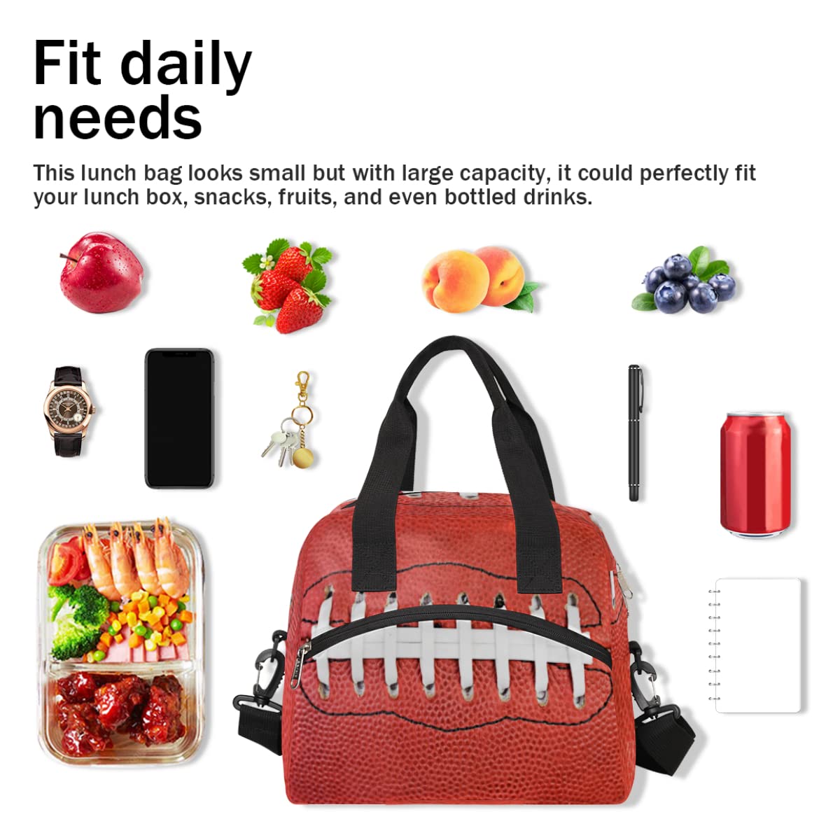 Insulated Lunch Bag for Women Men Red Sport American Football Lunch Box Reusable Lunch Cooler Bag Large Lunch Tote Bag for Work Picnic Travel School