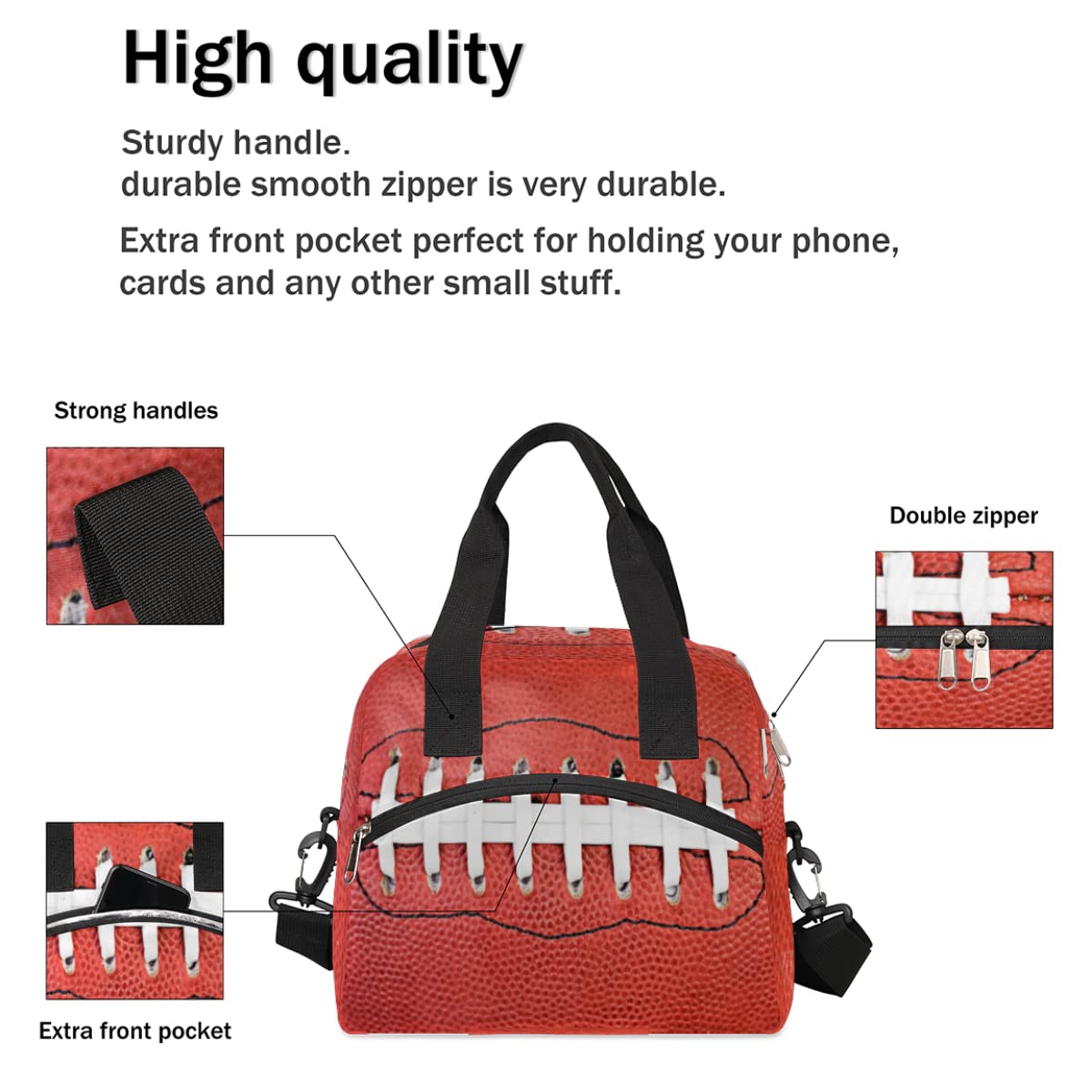 Insulated Lunch Bag for Women Men Red Sport American Football Lunch Box Reusable Lunch Cooler Bag Large Lunch Tote Bag for Work Picnic Travel School