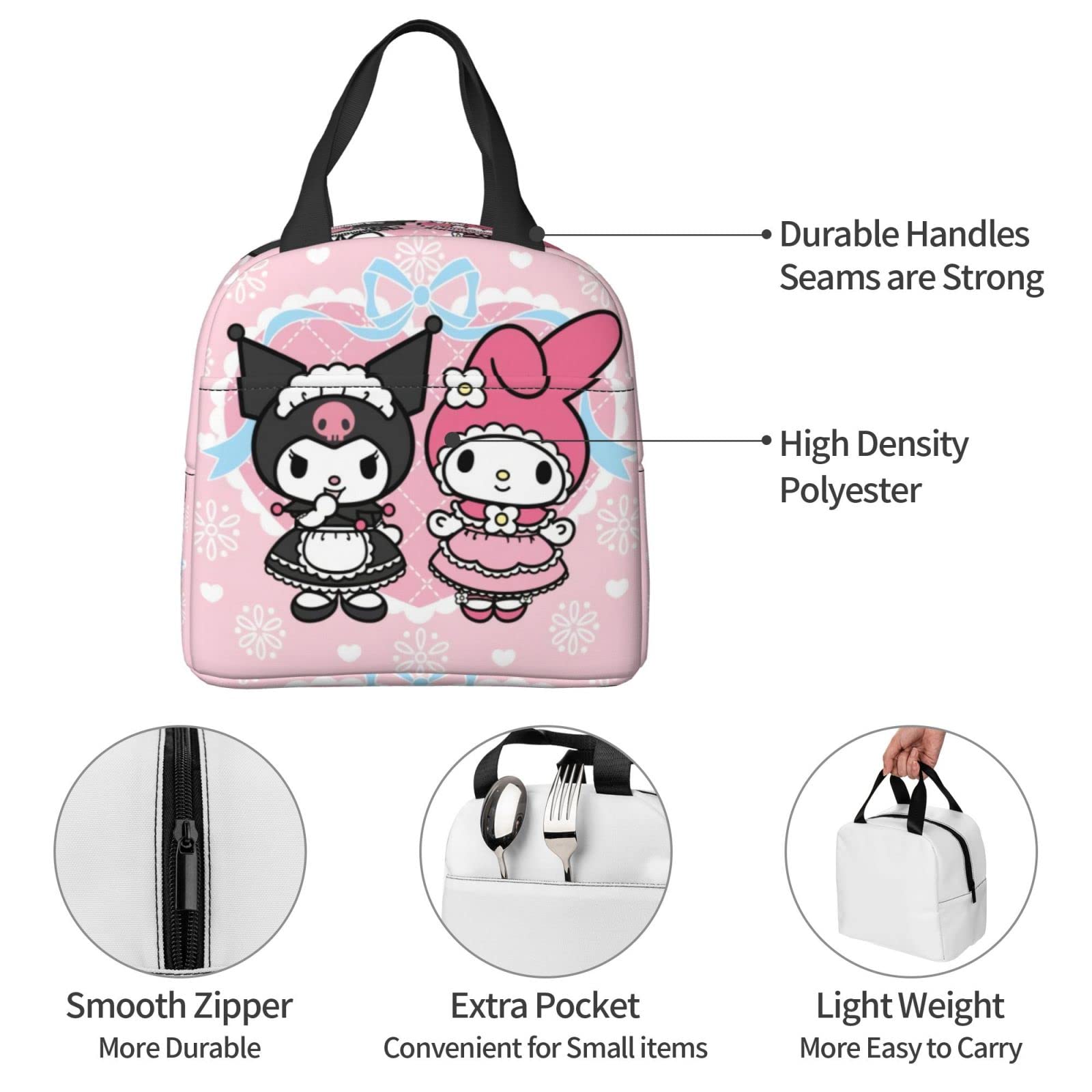 ORPJXIO Lunch Bag Kuromi Anime My Melody Reusable Lunch Box Portable Insulated Lunch Tote for Outdoor Picnic Office 8.5 X 8 X 5in