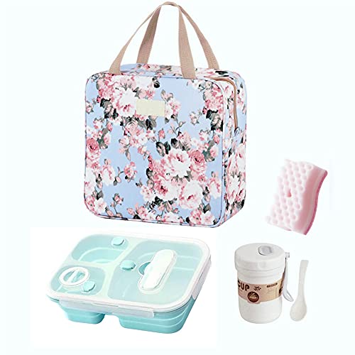 Lunch Bag Tote Bag for Women & Men -Set of 3 - Reusable Lunch Box Water-resistant Cooler Bag Insulated Lunch Container (Blue with Flowers)