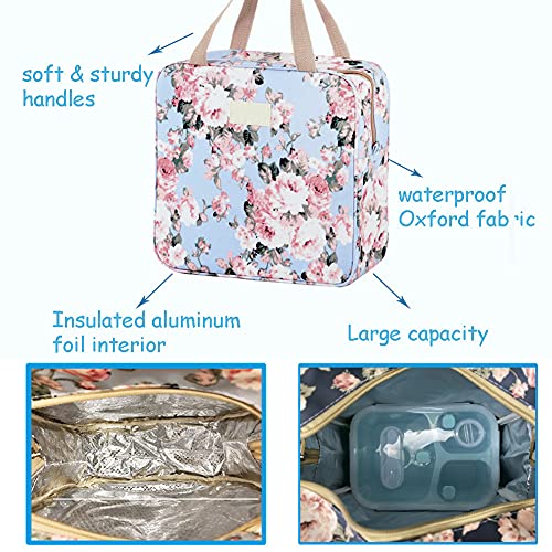 Lunch Bag Tote Bag for Women & Men -Set of 3 - Reusable Lunch Box Water-resistant Cooler Bag Insulated Lunch Container (Blue with Flowers)