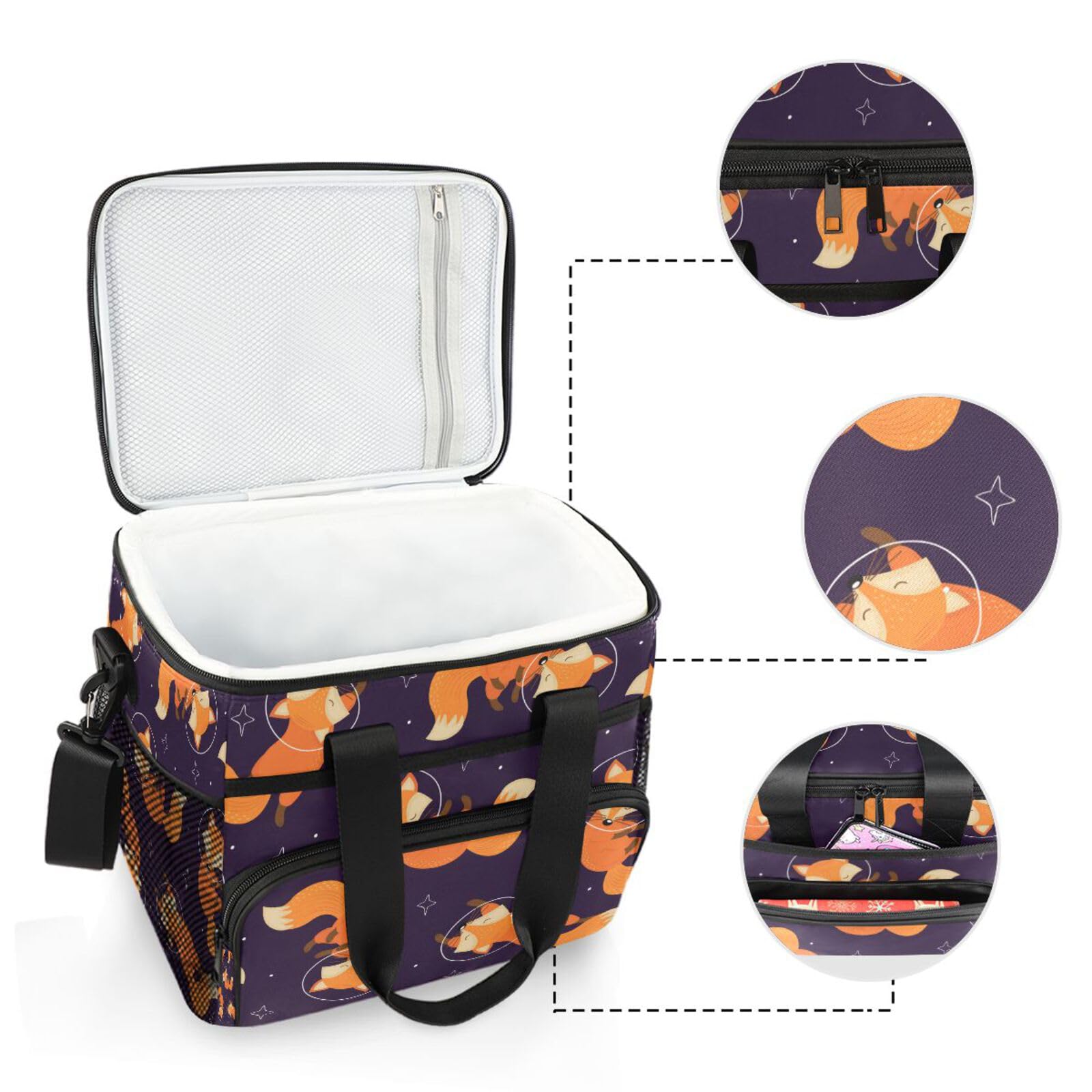 Cute Animal Fox Star Pattern Picnic Lunch Bag for Women Men, Waterproof Cooler Lunch Tote Bag Large Insulated Lunch Box Organizer with Shoulder Strap for Office Work Travel Camping