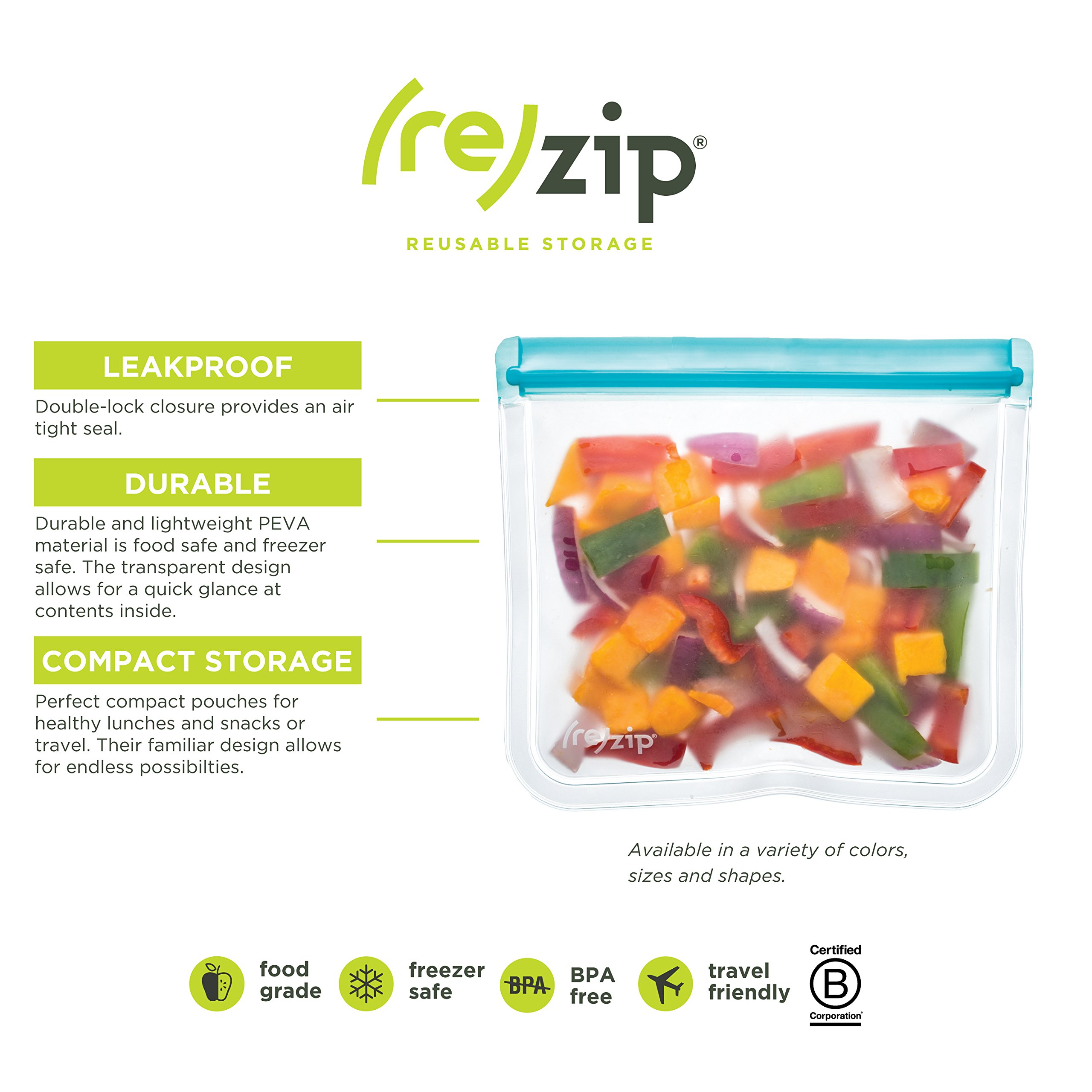 rezip Lay-Flat Snack Leakproof Reusable Storage Bag 2-Pack (Clear)