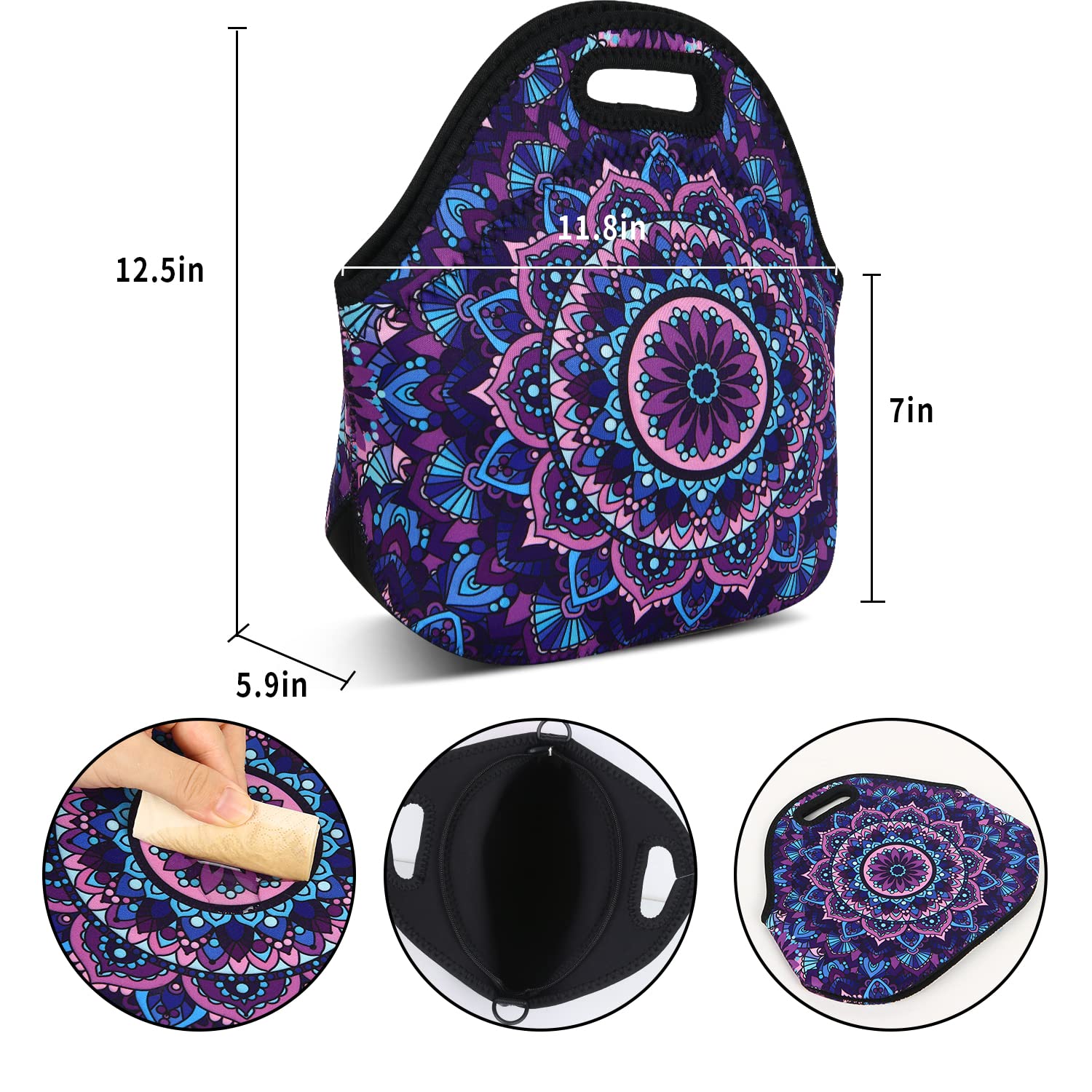 Neoprene Lunch Bag Women Insulated Cute Lunch Bag Tote Reusable Waterproof Cooler Animal Lunchbox Handbag Gift for Shopping Gourmet Tote with Zipper Work Picnic（mandala