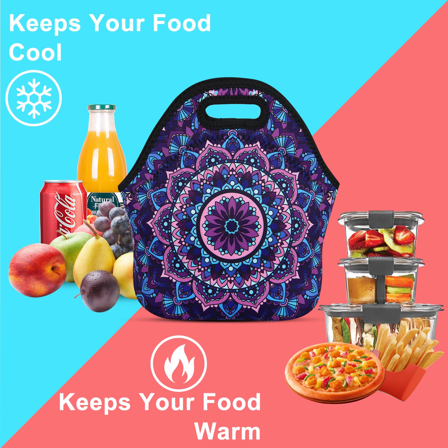 Neoprene Lunch Bag Women Insulated Cute Lunch Bag Tote Reusable Waterproof Cooler Animal Lunchbox Handbag Gift for Shopping Gourmet Tote with Zipper Work Picnic（mandala