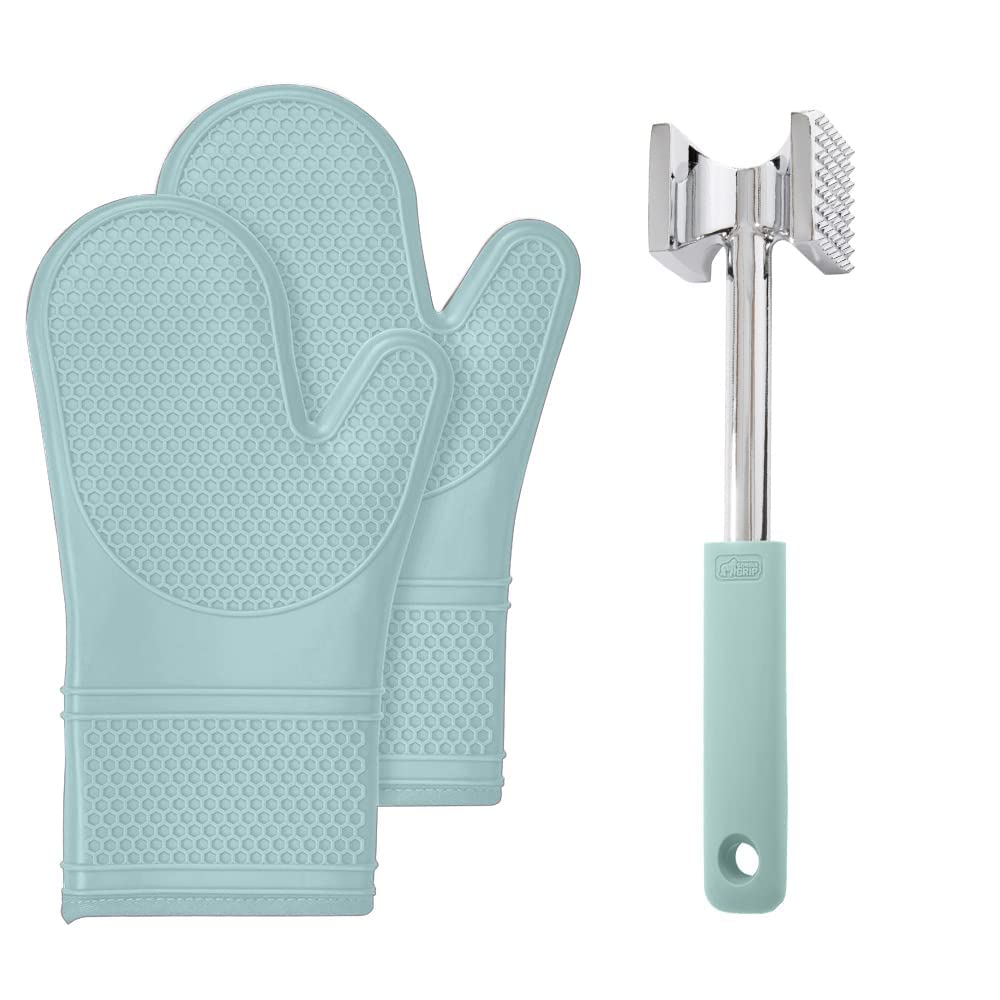 Gorilla Grip Silicone Oven Mitts Set and Meat Tenderizer, Both in Mint Color, Oven Mitts are Heat Resistant, Meat Tenderizer has Smooth and Textured Side, 2 Item Bundle